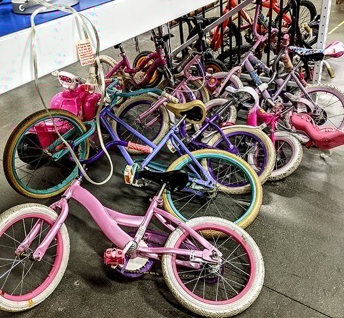 Bicycle heaven for growing families. These colorful kid-sized wheels are ready for new adventures and skinned knees in suburban cul-de-sacs.