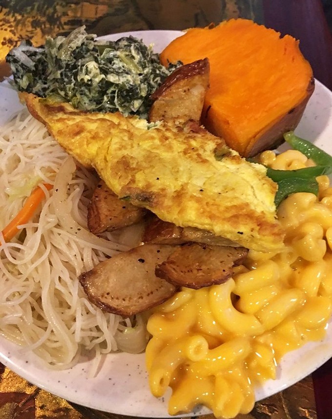 Comfort on a plate: noodles, mac and cheese, sweet potato, and a perfect omelet. The buffet equivalent of a warm hug.