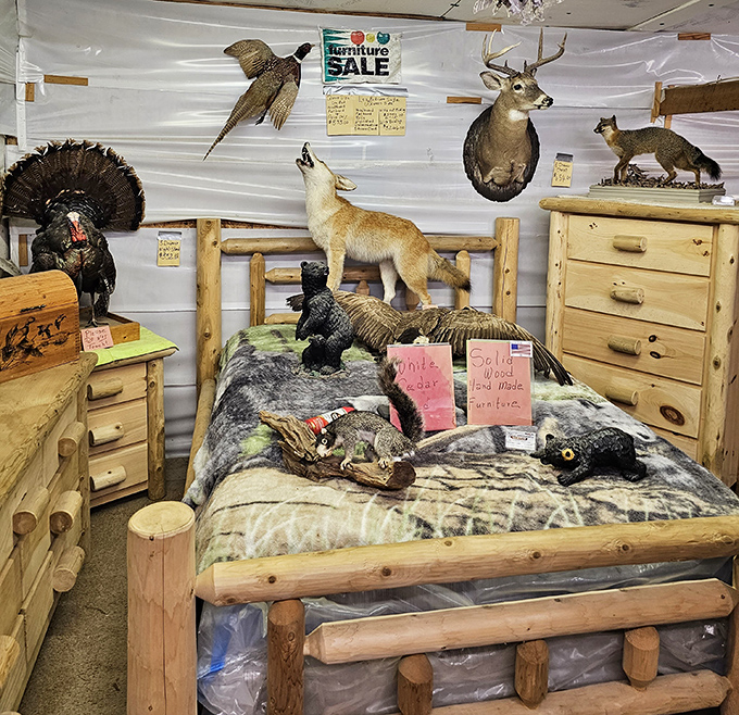 Where the wild things are... on your bedroom furniture! Rustic log craftsmanship meets taxidermy in this uniquely Cumberland Plateau aesthetic.