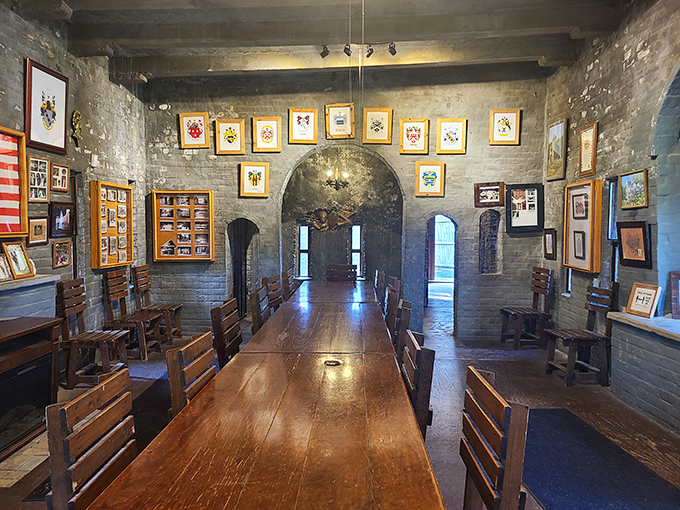 Knights of the Round Table, eat your hearts out! This grand dining hall looks ready to host a medieval feast or diplomatic summit.