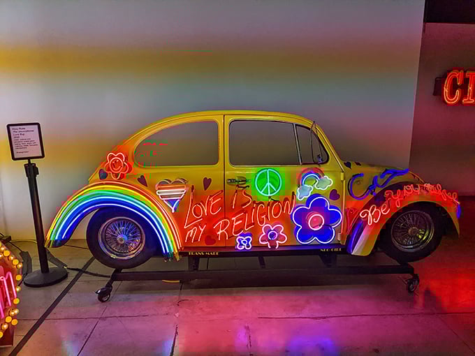 This psychedelic Volkswagen Beetle proves that peace, love, and neon can transform even the most ordinary vehicle into a rolling counterculture statement.