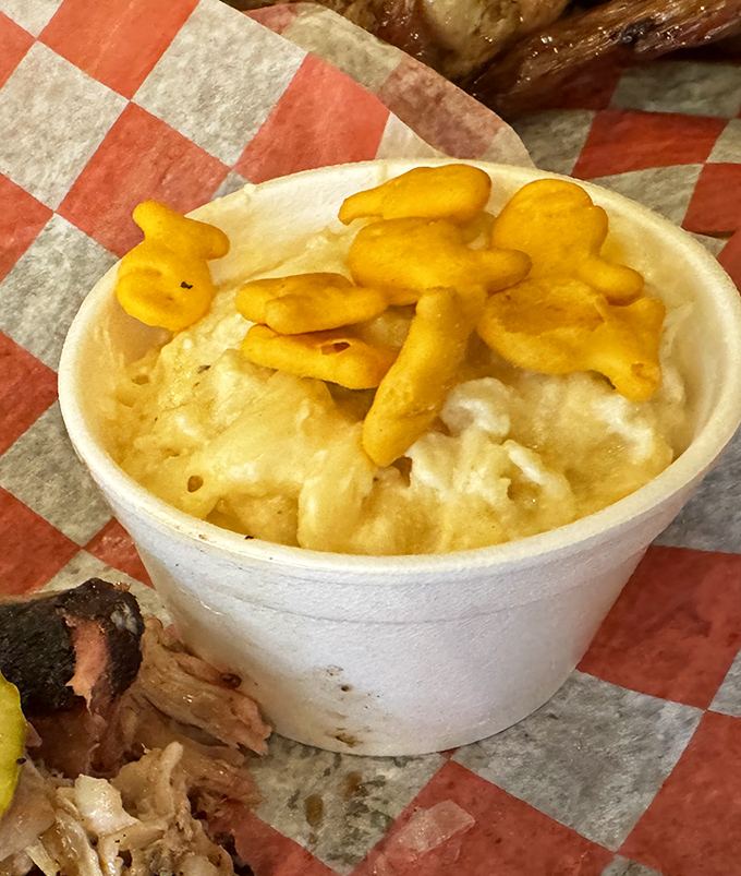 Mac and cheese that's having an identity crisis as a cloud. Those goldfish crackers aren't just swimming&mdash;they're elevating everyday comfort to art form status.