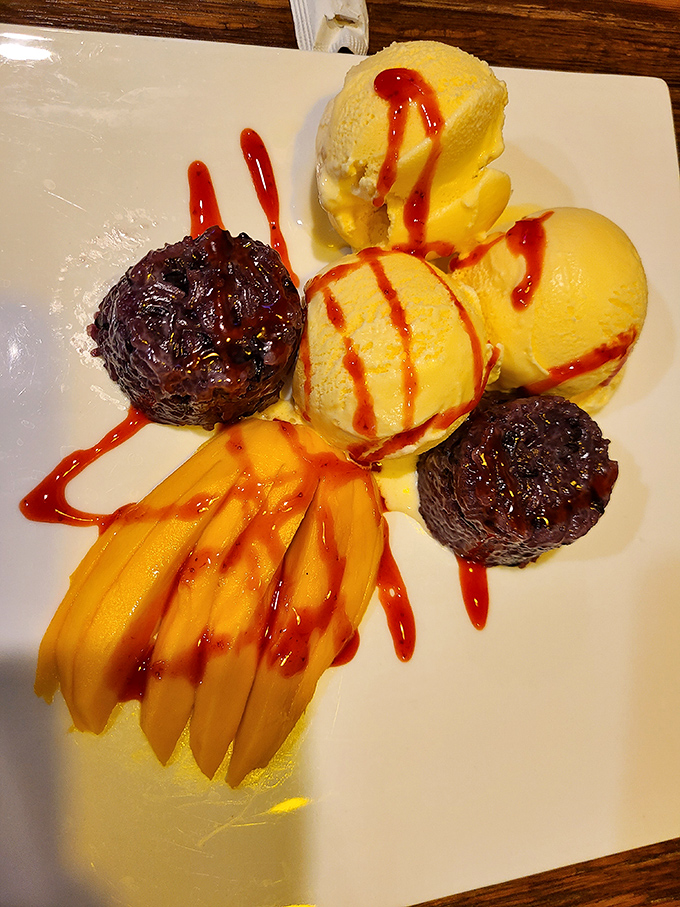 Mango sticky rice that makes dessert skeptics into believers. The sweet mango slices and coconut-infused rice create the finale your meal deserves.