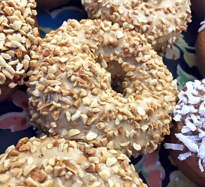 Peanut-studded perfection that makes you question why anyone bothers with sprinkles. These golden rings wear their nutty armor with pride, like delicious knights ready for breakfast battle.