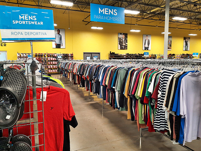 Gentlemen's wardrobe solutions hang in perfect formation, from power ties to weekend casual essentials.