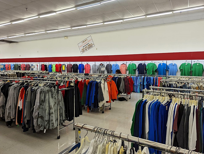 The men's department: where Hawaiian shirts and business attire coexist in peaceful harmony. A sartorial United Nations under one roof.