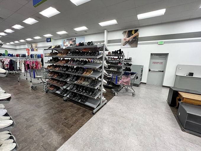 The shoe section: where hope meets reality in a display of footwear seeking second chances and new adventures.