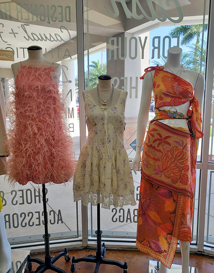 Window shopping takes on new meaning with these statement pieces. That pink feathered number is practically begging for a night on South Beach.