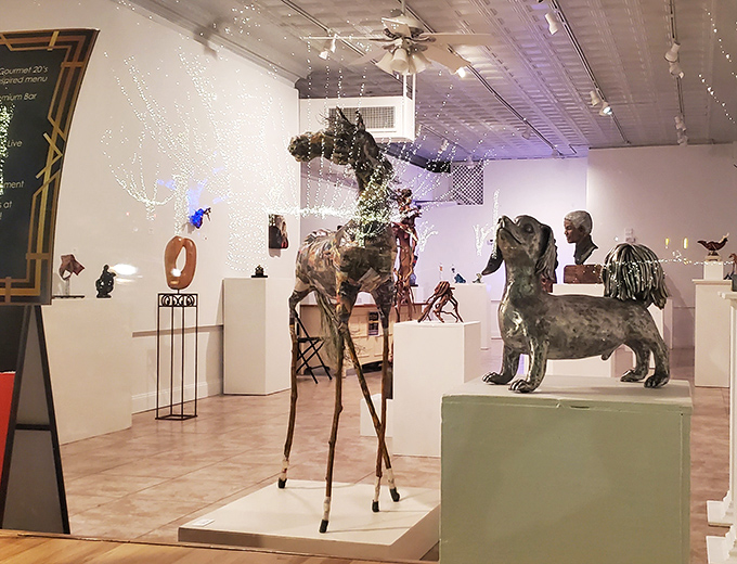 Artistic treasures await at Mount Dora's galleries. Where else can you find a metal deer and dachshund having a sophisticated cultural standoff?