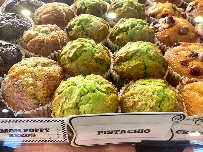 Pistachio muffins that look like little green mountains of joy. Whoever said "don't eat anything green" clearly never visited this display case.