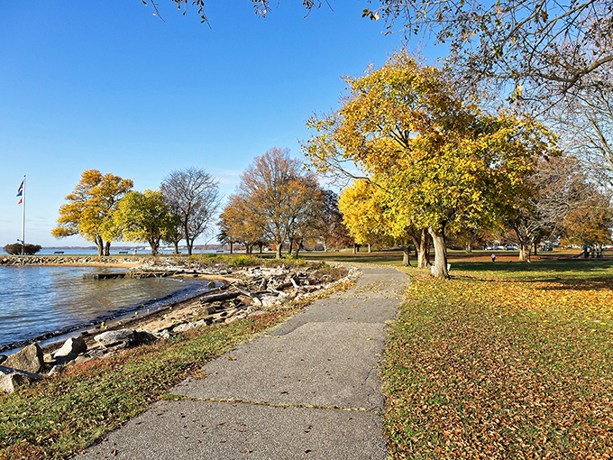 Battery Park's autumn splendor offers a front-row seat to the Delaware River, nature's own stress-reduction therapy session.