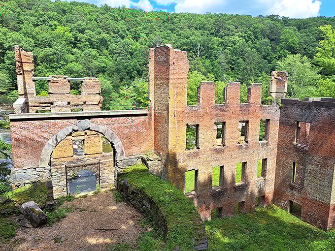 The New Manchester Mill ruins stand as haunting sentinels of history, their weathered brick walls whispering Civil War stories to anyone who listens.