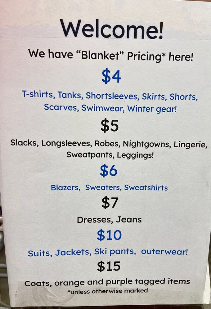 The "blanket pricing" board reveals the mathematical formula for thrift success: $4 tees + $7 jeans = complete wardrobe for under $40!