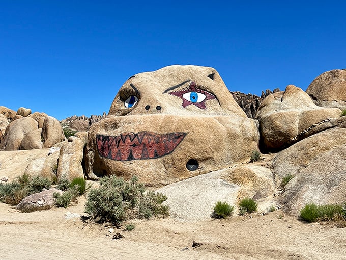 Rock art with attitude! This painted boulder brings unexpected whimsy to the Alabama Hills, proving even geology has a sense of humor.