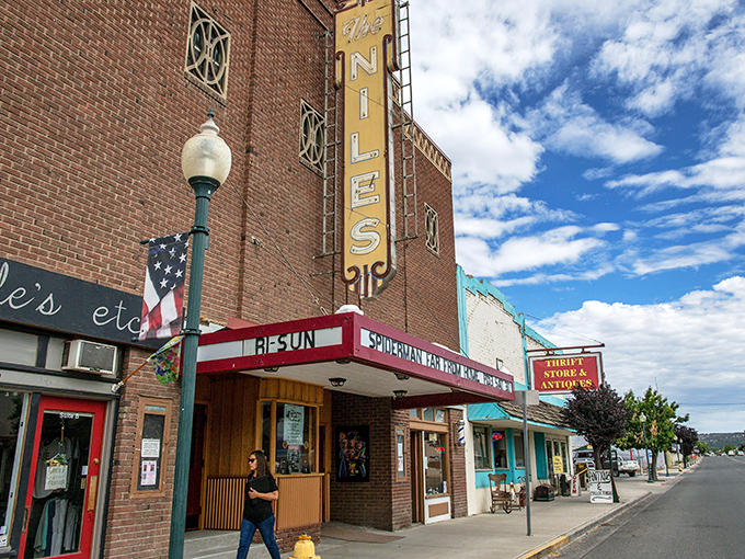 The Niles Theater marquee promises entertainment without the $20 popcorn markup. Golden age Hollywood would approve of these prices.