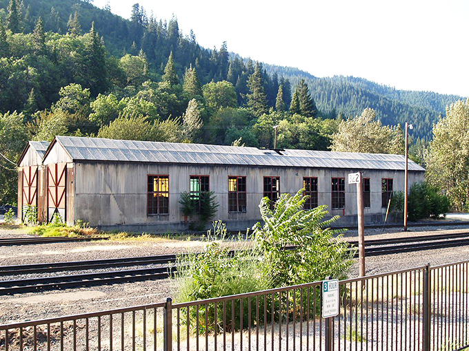 Historic railroad remnants stand as monuments to America's industrial past, weathered but still wonderfully dignified.