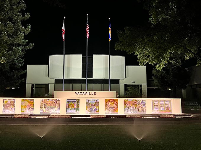 City Hall after dark, where local government meets public art – those colorful panels tell Vacaville's story better than any council meeting minutes.