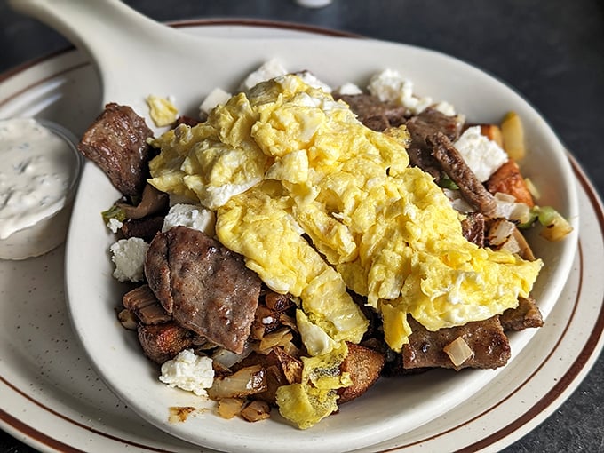 This isn't just breakfast; it's a protein-packed canvas where eggs, meat, and potatoes perform a harmonious morning ballet.