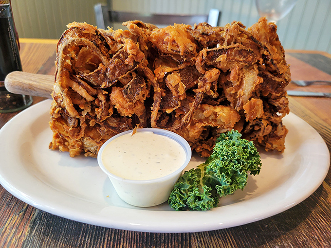 This glorious tower of crispy fried onions might just be the Leaning Tower of Delicious&mdash;architecture you can actually eat! 