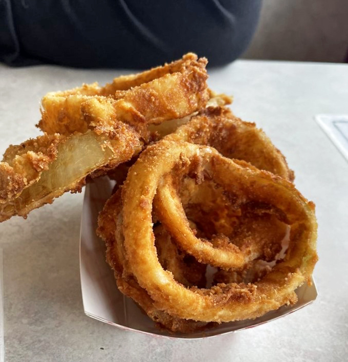 Onion rings with architectural integrity that would impress Frank Lloyd Wright. Crispy, golden halos of happiness that crunch loud enough to turn heads.