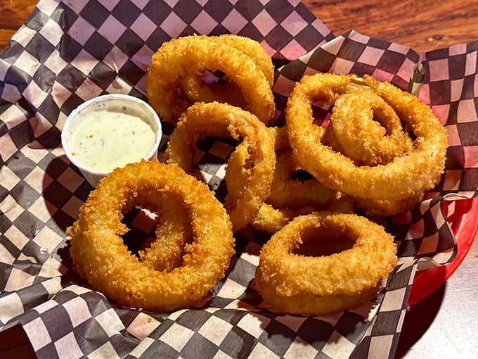 Onion rings that achieve the perfect crunch-to-tender ratio. The kind that make you wonder why you'd ever waste calories on mediocre rings again.