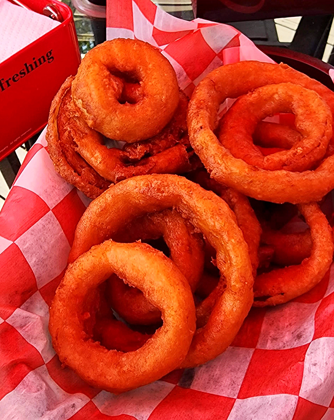 Golden-fried onion rings with that perfect crunch-to-softness ratio. The kind that make you wonder why anyone bothers with fancy appetizers.