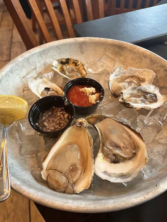 These oysters aren't just served&mdash;they're presented like the briny celebrities they are, with condiments standing by as eager understudies.
