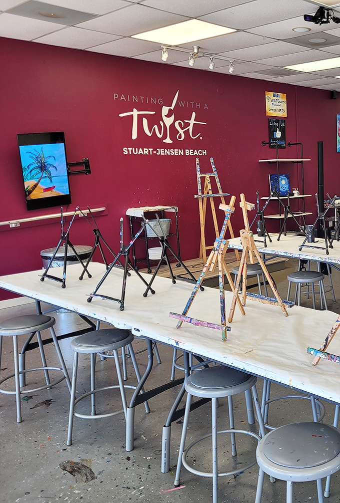 "Painting with a Twist" offers the perfect Florida souvenir—your own masterpiece, likely featuring a palm tree that looks suspiciously like a stick figure.