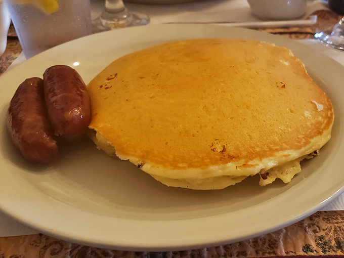 Pancakes shouldn't make you emotional, but these golden discs of breakfast perfection might just bring a tear to your eye. The sausage is just showing off.