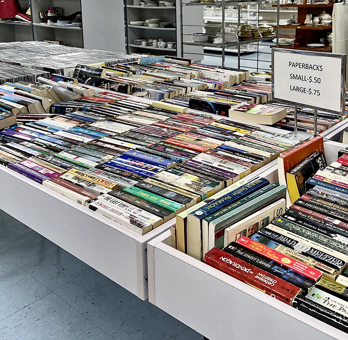 Bibliophile heaven at bargain basement prices. Each paperback holds not just a story inside, but the story of who loved it before you. 