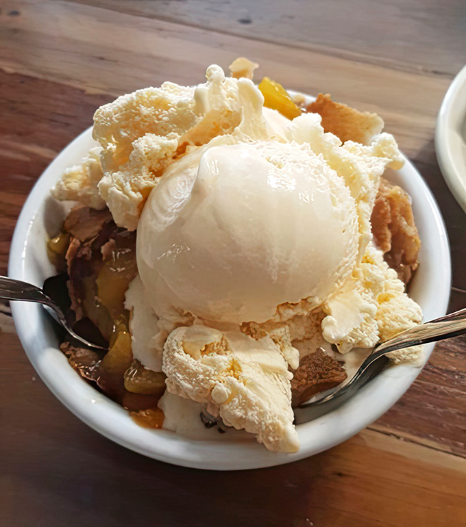 Ice cream melting into warm peach cobbler creates that perfect hot-cold romance &ndash; like summer and fall decided to have a delicious little affair on your plate.