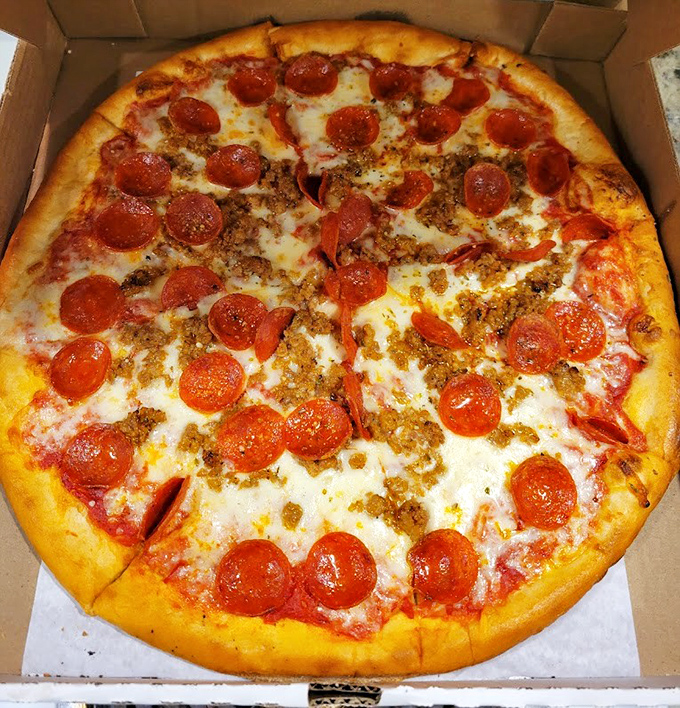 Pizza perfection doesn't need fancy words&mdash;just look at that pepperoni pie with its perfect cheese-to-sauce ratio and beautifully blistered crust.