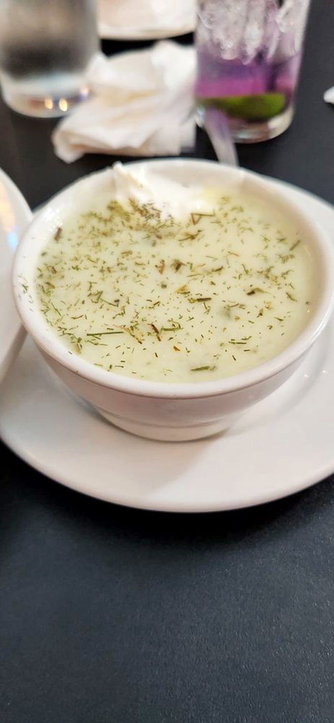 The legendary Polish dill pickle soup—tangy, creamy, unexpected—like finding out your accountant used to tour with The Rolling Stones.