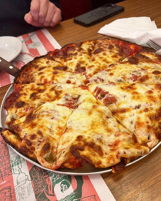 Pizza that demands to be photographed before being devoured. That cheese pull would win Olympic medals if melted mozzarella were a competitive sport.