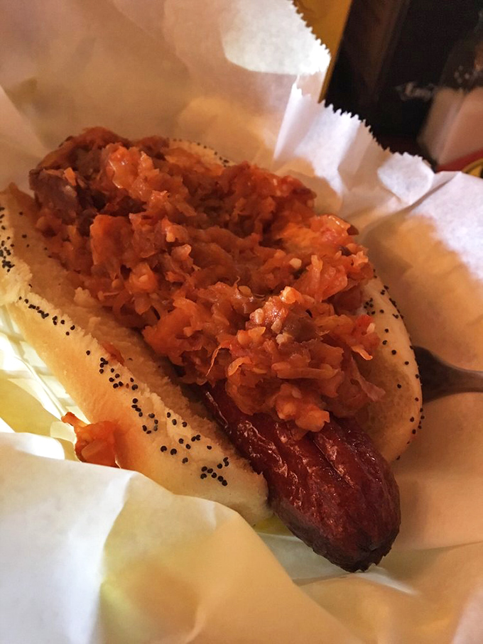 Kimchi meets hot dog in a cross-cultural romance that Anthony Bourdain would have written sonnets about. Simple yet revolutionary.