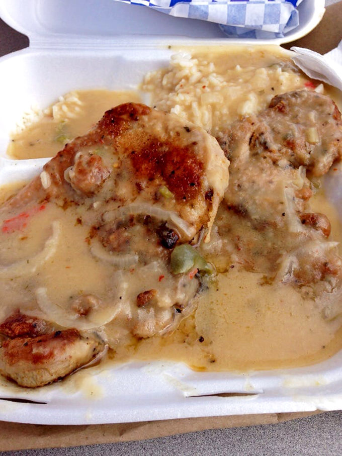 Smothered pork chops lounging in gravy with a side of rice. This isn't a meal; it's what comfort food dreams about when it goes to sleep at night.