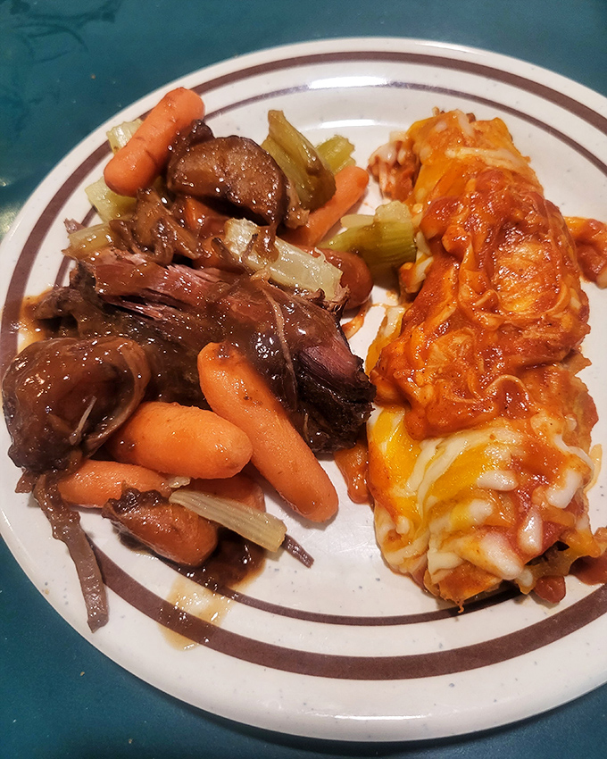 Pot roast that falls apart faster than my New Year's resolutions, paired with enchiladas that would make abuela nod in respectful approval.