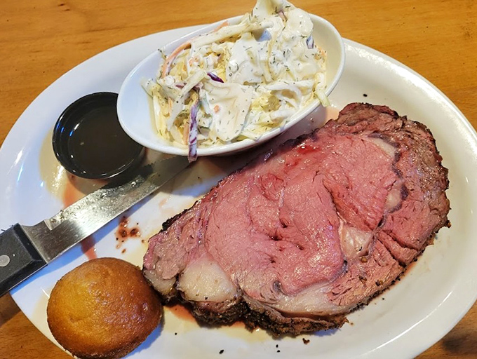 Prime rib so perfectly pink it could make a vegetarian question their life choices. That smoke ring is practically jewelry.