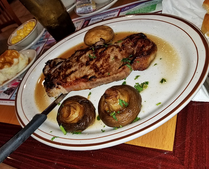 A steak that would make carnivores weep tears of joy. Those mushrooms aren't just along for the ride &ndash; they're essential co-stars in this meaty drama.