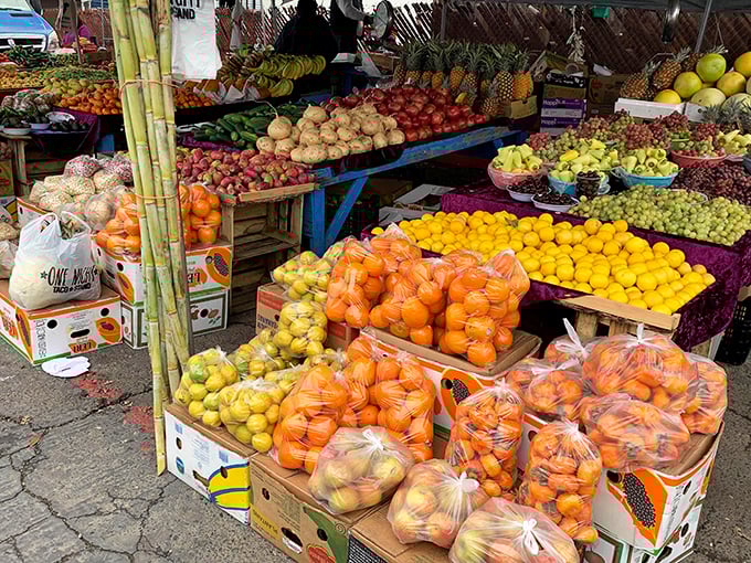Nature's color palette explodes in the produce section, where bags of oranges and lemons create a citrus sunset against the asphalt landscape.