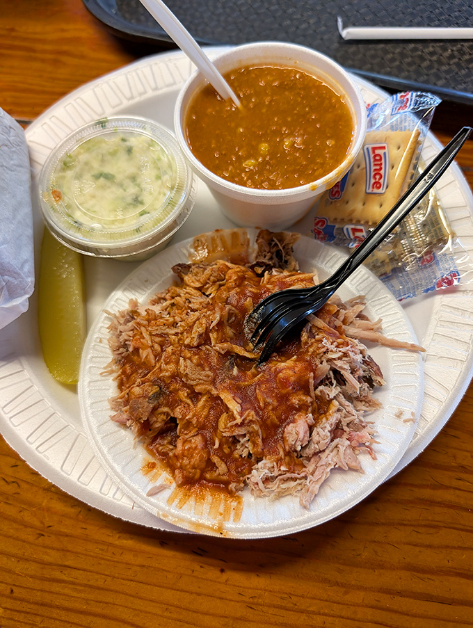 The main event arrives with sauce-kissed edges. This pulled pork has spent more time perfecting itself than most of us spend at the gym.