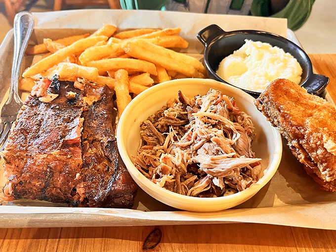 A barbecue sampler that hits all the right notes &ndash; smoky ribs, tender pulled pork, and sides that refuse to be mere supporting characters.