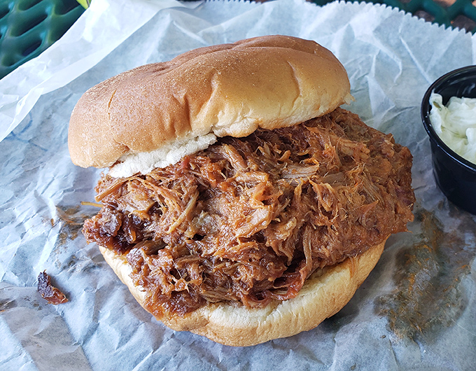 This pulled pork sandwich isn't messing around. It's the kind of honest-to-goodness BBQ that makes vegetarians momentarily question their life choices.