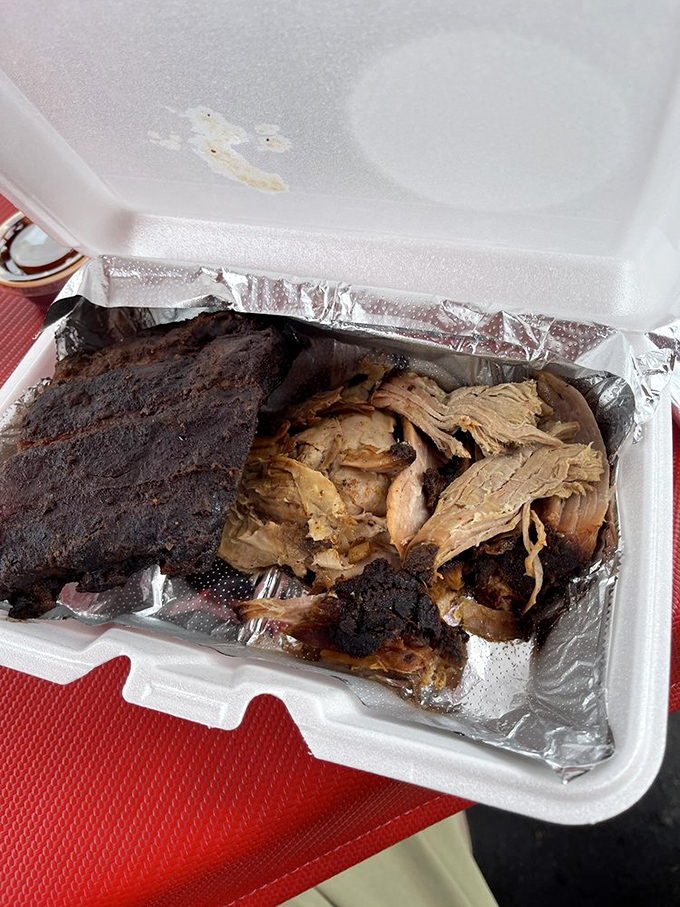 Pulled pork and ribs sharing a container like roommates with different personalities but the same smoky soul. The bark on that meat tells stories of long, patient smoking.