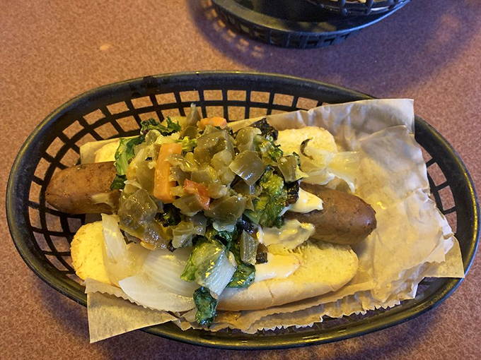 This isn't just any veggie dog—it's a garden party in a bun, proving that plant-based options can be just as indulgent as their meaty counterparts.