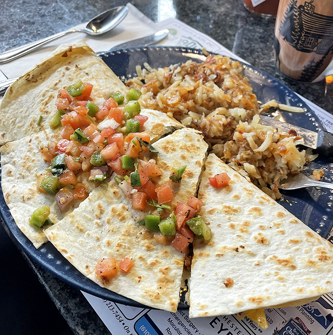 Breakfast goes south of the border with this quesadilla. The perfect marriage of crispy tortilla and melty cheese, with pico de gallo adding fresh zing.