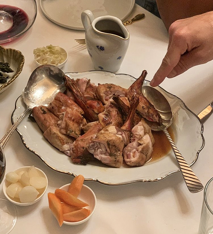 Family-style rabbit that would make your grandmother jealous, served with the kind of vegetables that remind you why seasons matter.