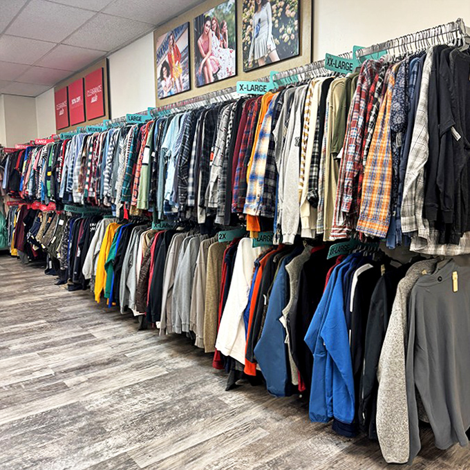 Men's shirts arranged with military precision, offering everything from office-appropriate to weekend-warrior styles without the department store markup.