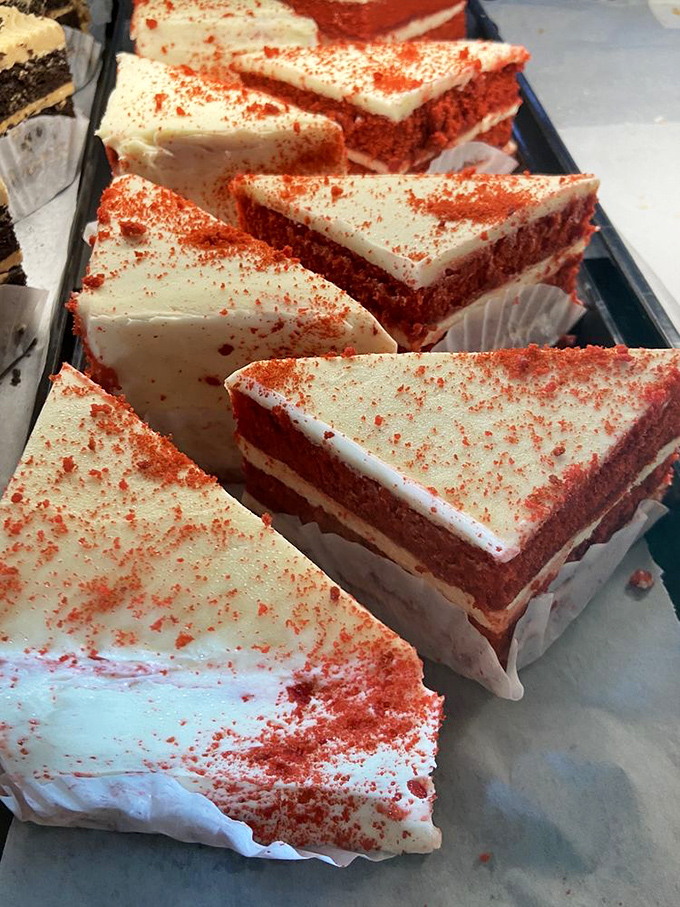 Red velvet cake slices that make you question why you'd ever waste calories on lesser desserts. That cream cheese frosting could make anyone believe in love again.
