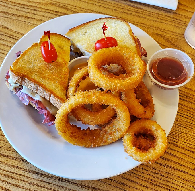 A Reuben sandwich stacked higher than your cholesterol after eating it, but worth every delicious point.